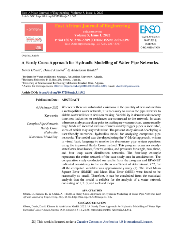 (PDF) A Hardy Cross Approach for Hydraulic Modelling of Water Pipe Networks
