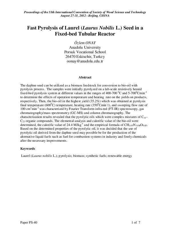 (PDF) Fast Pyrolysis of Laurel (Laurus Nobilis L.) Seed in a Fixed-bed ...