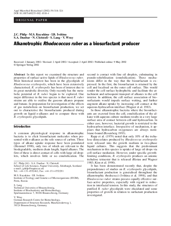 (PDF) Alkanotrophic Rhodococcus ruber as a biosurfactant producer