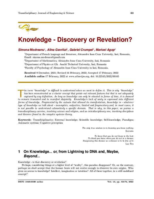 (PDF) Knowledge - Discovery or Revelation?