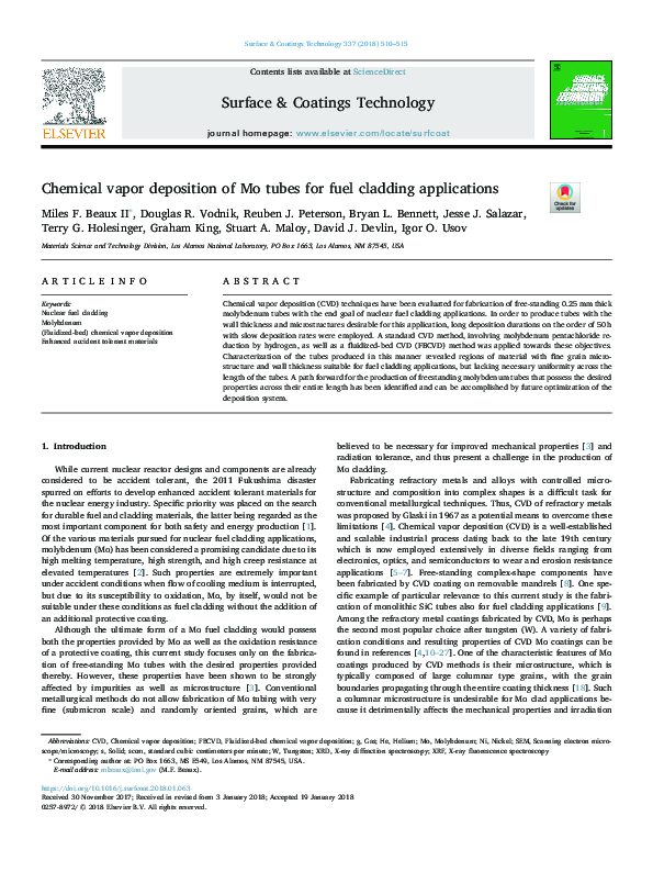(PDF) Chemical vapor deposition of Mo tubes for fuel cladding applications