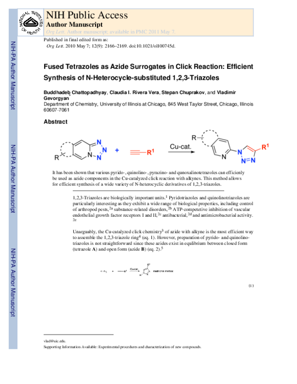 (PDF) Fused Tetrazoles as Azide Surrogates in Click Reaction: Efficient ...