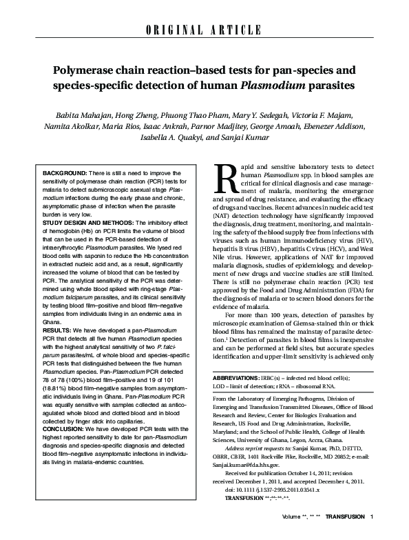 Pdf Polymerase Chain Reaction Based Tests For Pan Species And Species Specific Detection Of