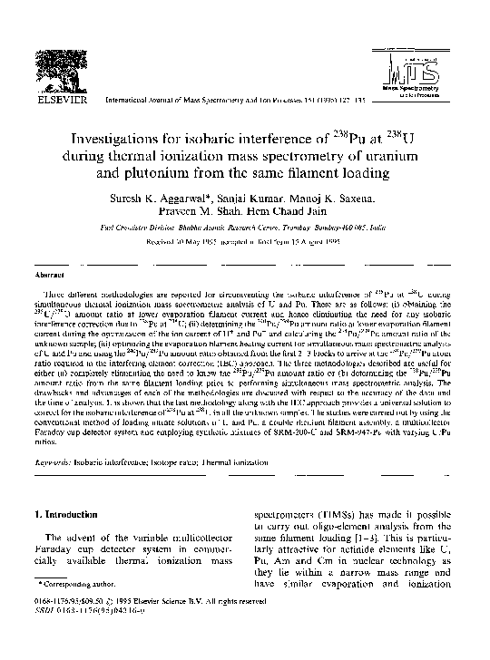 (PDF) Investigations for isobaric interference of 238Pu at 238U during thermal ionization mass ...