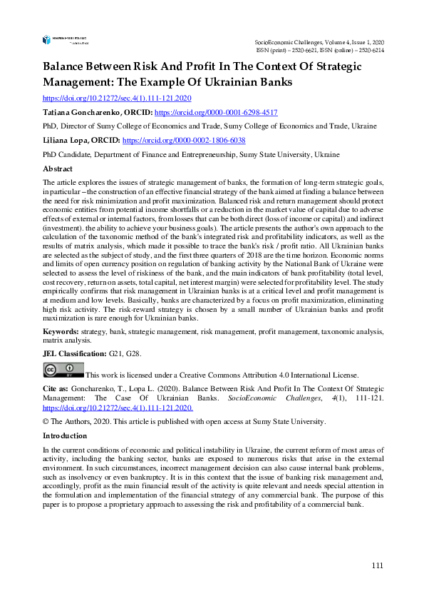 (PDF) Balance Between Risk And Profit In The Context Of Strategic ...