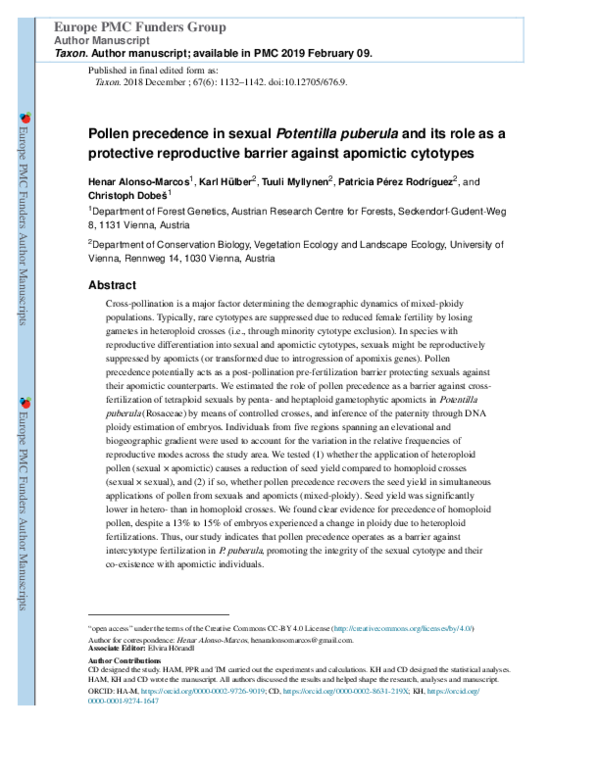 (PDF) Pollen precedence in sexual Potentilla puberula and its role as a ...