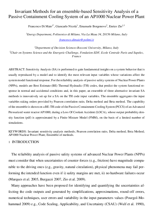 Pdf Invariant Methods For An Ensemble Based Sensitivity Analysis Of A Passive Containment