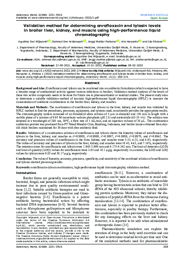 (PDF) Validation method for determining enrofloxacin and tylosin levels in broiler liver, kidney ...