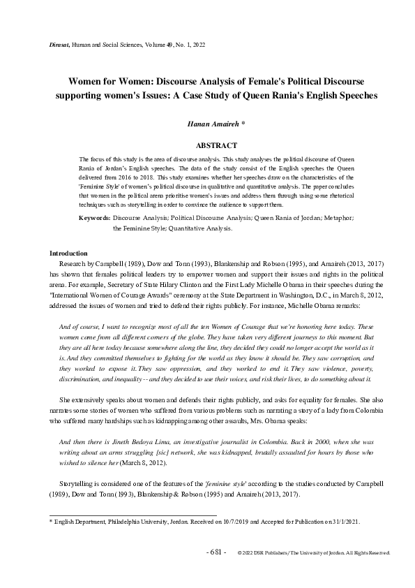 (PDF) Women for Women: Discourse Analysis of Female's Political ...