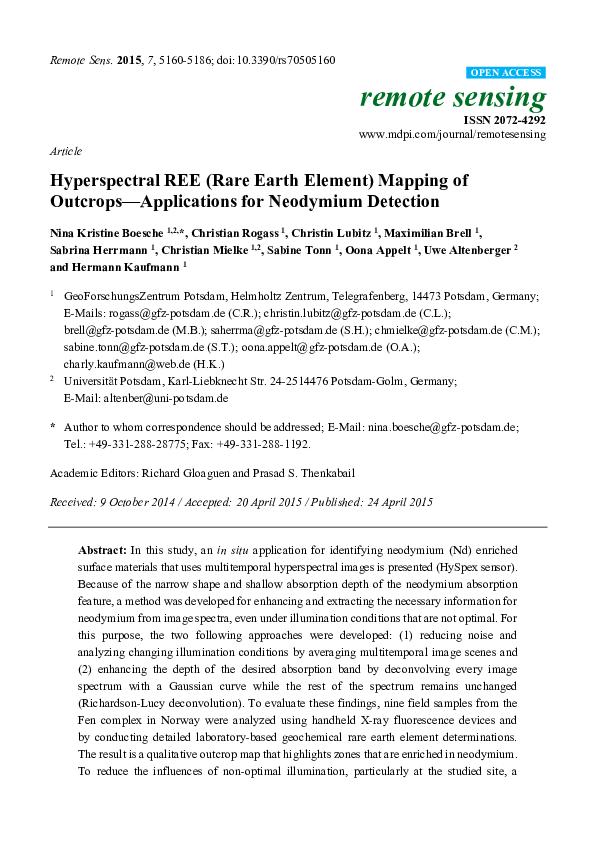 (PDF) Hyperspectral REE (Rare Earth Element) Mapping of Outcrops ...