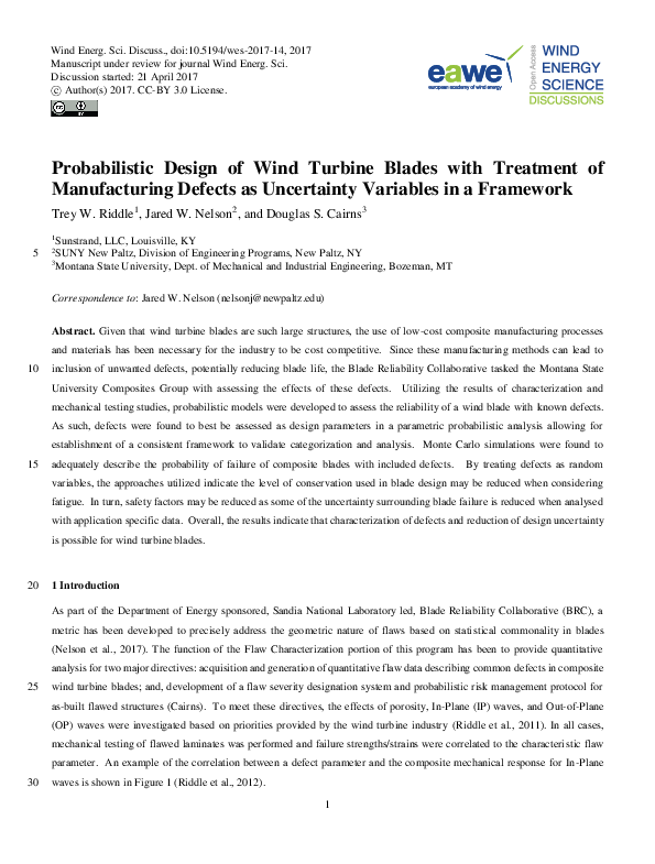 (PDF) Probabilistic Design of Wind Turbine Blades with Treatment of Manufacturing Defects as ...