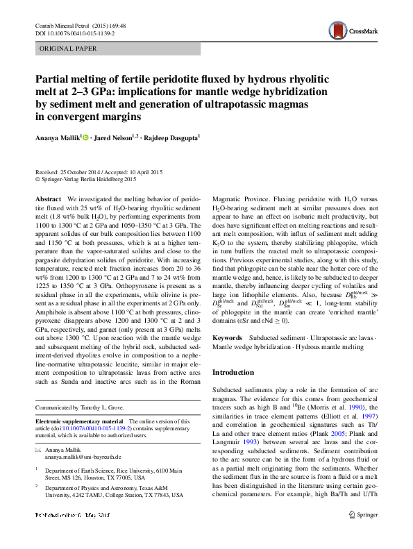 (PDF) Partial melting of fertile peridotite fluxed by hydrous rhyolitic ...