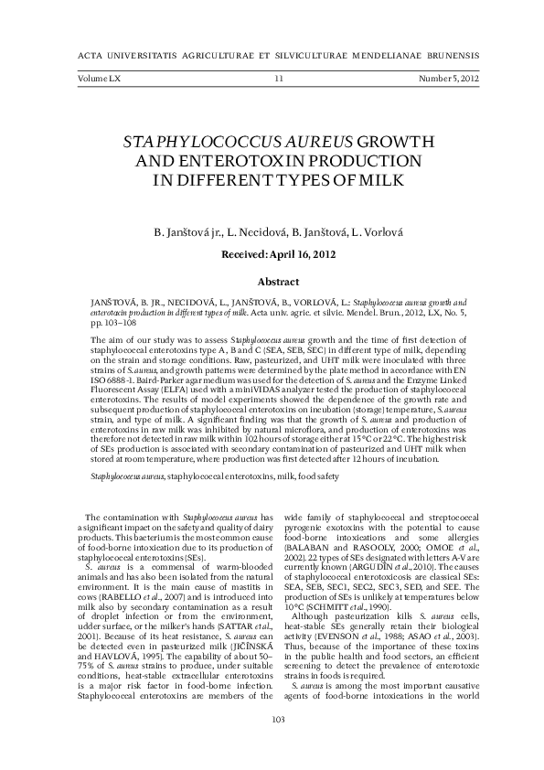 (PDF) Staphylococcus aureus growth and enterotoxin production in ...