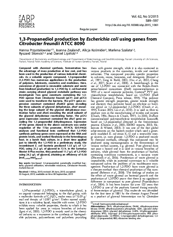 (PDF) 1,3-Propanediol production by Escherichia coli using genes from Citrobacter freundii atcc 8090