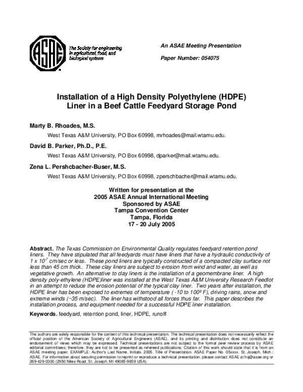 (PDF) Installation of a High Density Polyethylene (HDPE) Liner in a ...