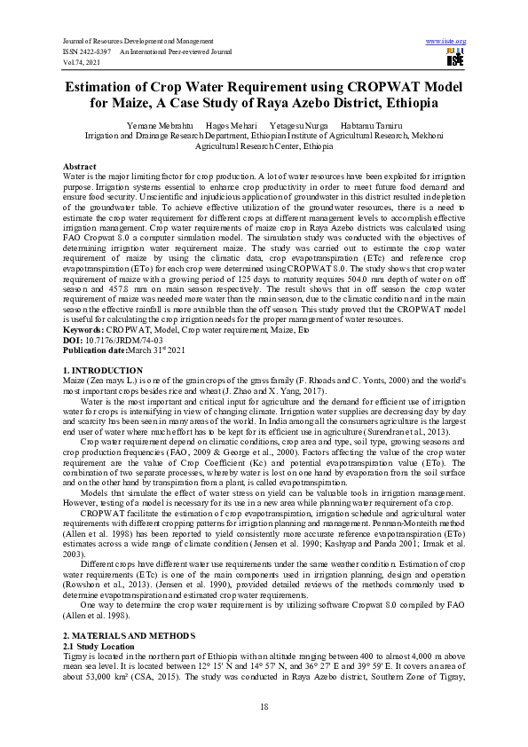 (PDF) Estimation of Crop Water Requirement using CROPWAT Model for ...