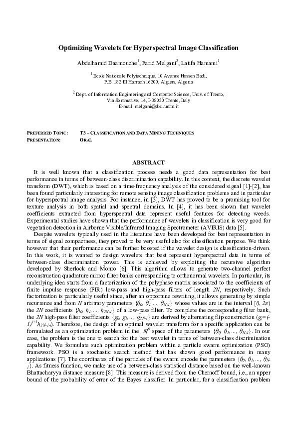 (PDF) Optimizing wavelets for hyperspectral image classification