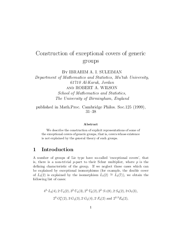 (PDF) Construction of exceptional covers of generic groups