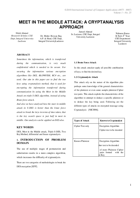 (PDF) Meet In The Middle Attack: A Cryptanalysis Approach