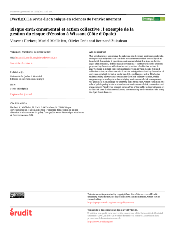 (PDF) Risque environnemental et action collective : l’exemple de la gestion du risque d’érosion ...