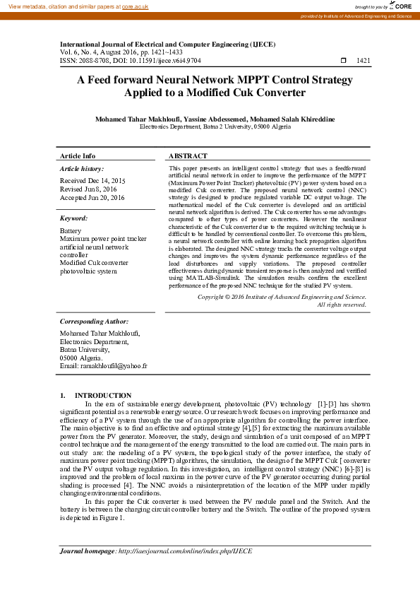 (PDF) A Feed forward Neural Network MPPT Control Strategy Applied to a Modified Cuk Converter