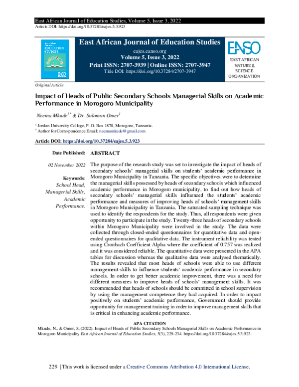 (PDF) Impact of Heads of Public Secondary Schools Managerial Skills on Academic Performance in ...
