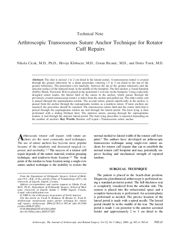 (PDF) Arthroscopic Transosseous Suture Anchor Technique for Rotator Cuff Repairs
