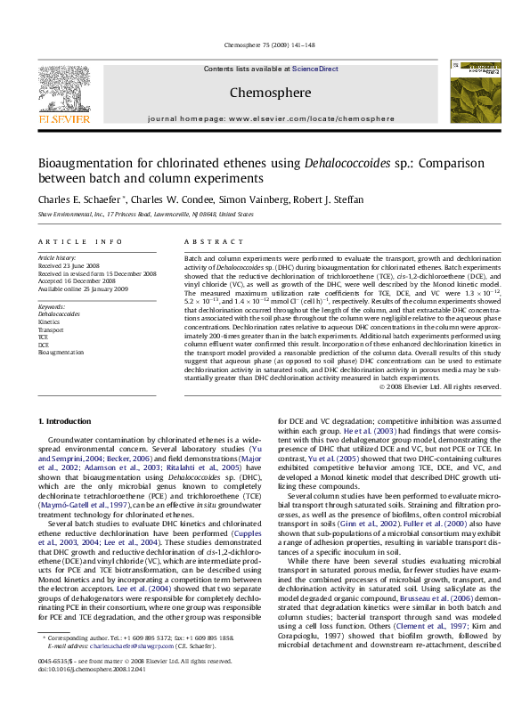 (PDF) Bioaugmentation for chlorinated ethenes using Dehalococcoides sp ...