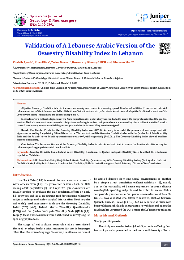(PDF) Validation of A Lebanese Arabic Version of the Oswestry Disability Index in Lebanon