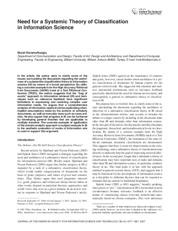 (PDF) Need for a systemic theory of classification in information science