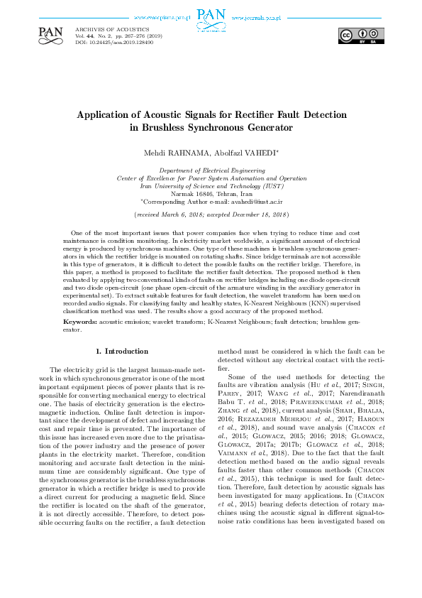Pdf Application Of Acoustic Signals For Rectifier Fault Detection In Brushless Synchronous