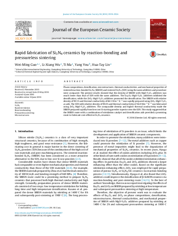 (PDF) Rapid fabrication of Si3N4 ceramics by reaction-bonding and ...