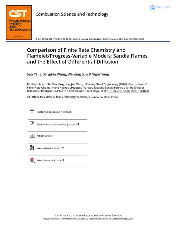 (PDF) Comparison of Finite Rate Chemistry and Flamelet/Progress-Variable Models: Sandia Flames ...
