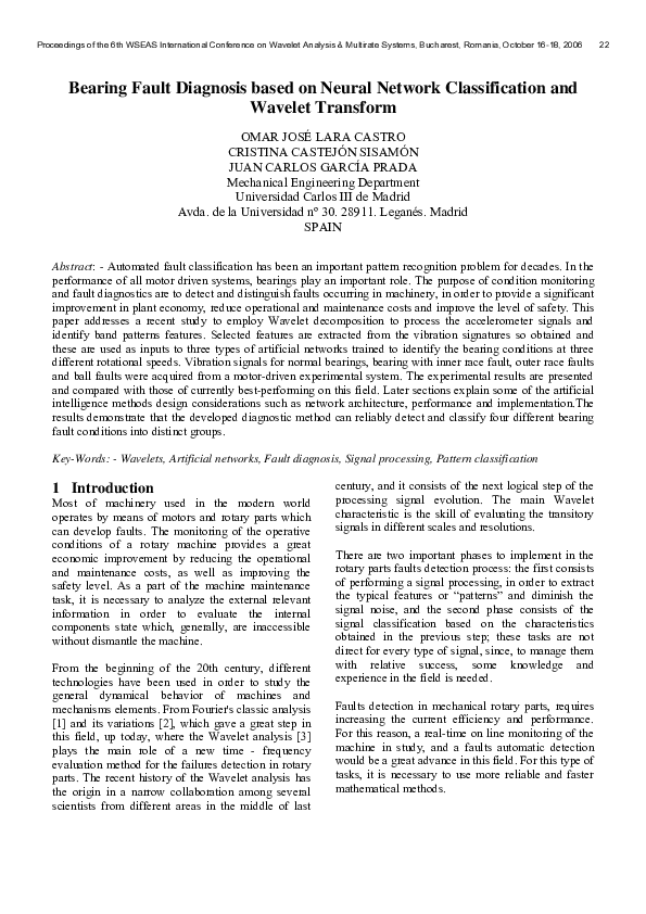 Pdf Bearing Fault Diagnosis Based On Neural Network Classification And Wavelet Transform