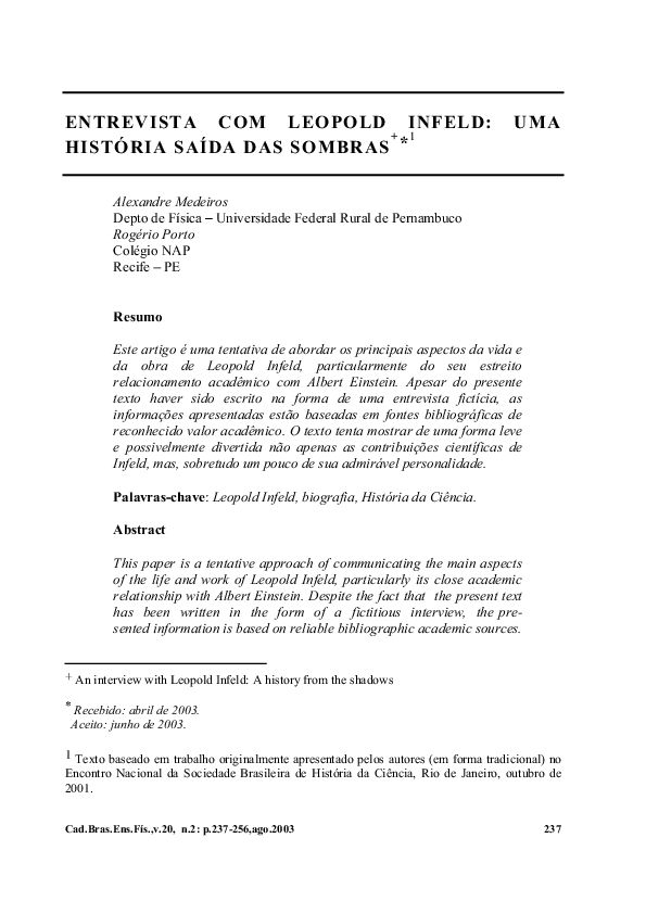 (PDF) Entrevista com Leopold Infeld: uma história saída das sombras