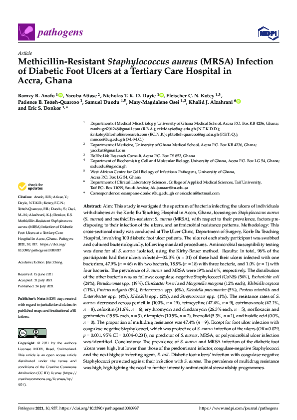(PDF) Methicillin-Resistant Staphylococcus aureus (MRSA) Infection of Diabetic Foot Ulcers at a ...