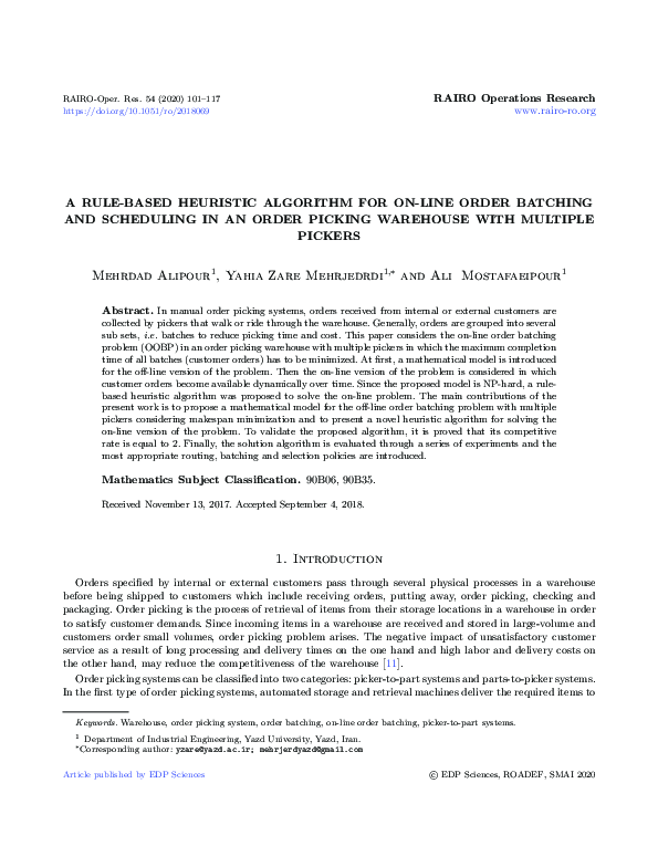 (PDF) A rule-based heuristic algorithm for on-line order batching and scheduling in an order ...