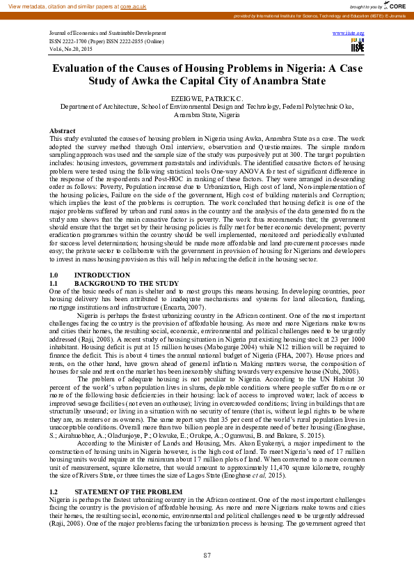 (PDF) Evaluation of the Causes of Housing Problems in Nigeria: A Case ...