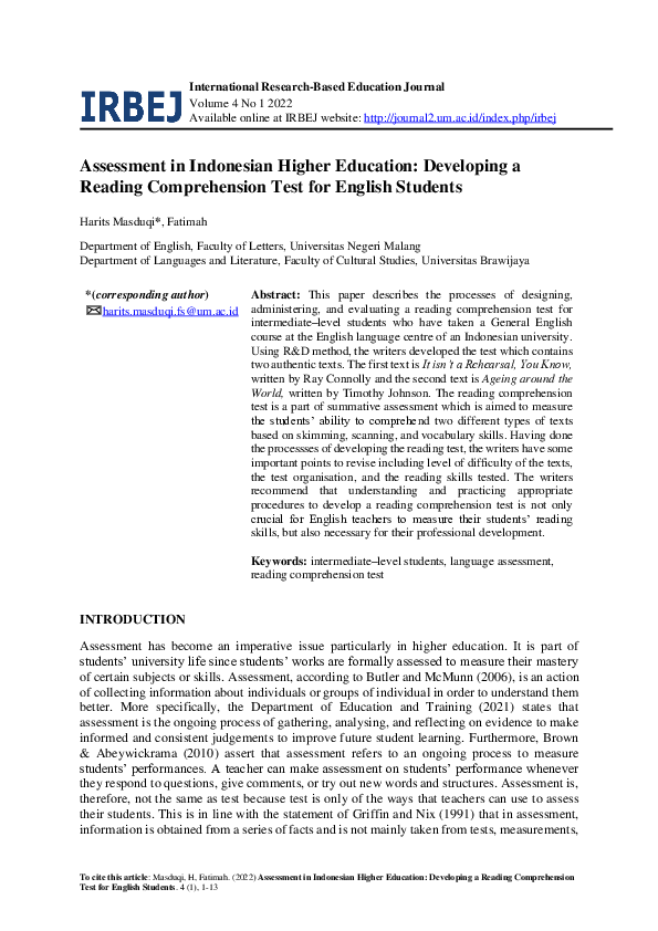 (PDF) Assessment in Indonesian Higher Education: Developing a Reading ...