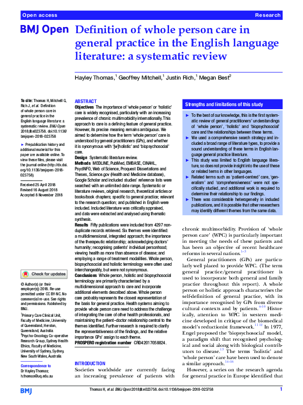 (PDF) Definition of whole person care in general practice in the ...