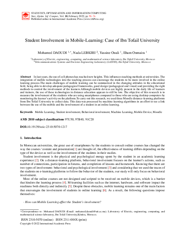 (PDF) Student Involvement in Mobile-Learning: Case of Ibn Tofail University