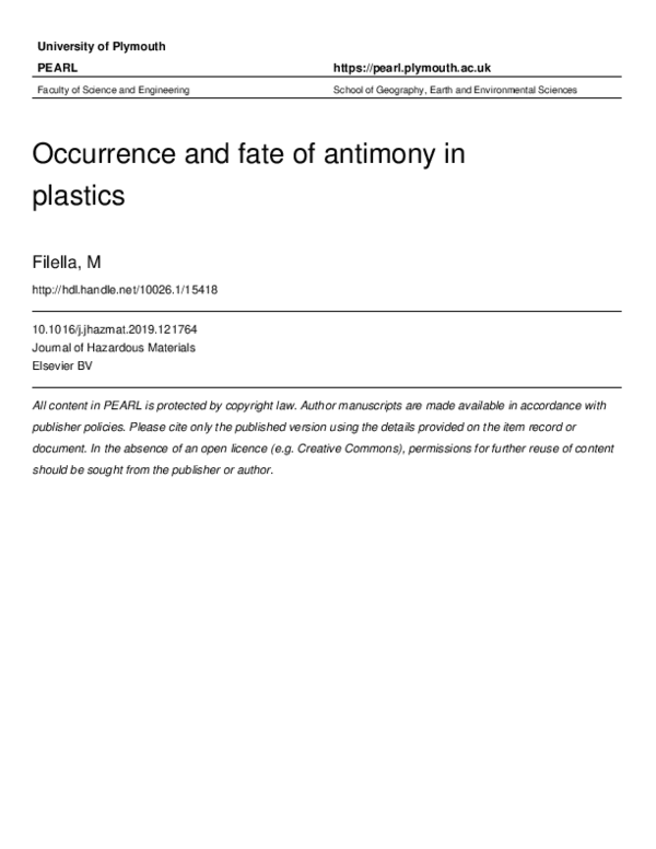 (PDF) Occurrence and fate of antimony in plastics