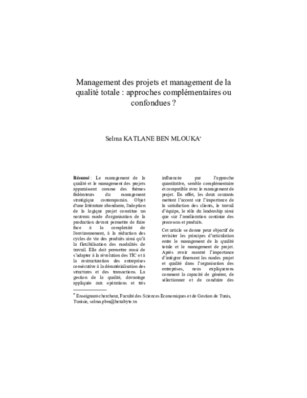 (PDF) Management des projets et management de la qualité totale ...