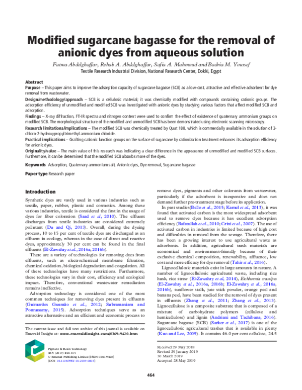 (PDF) Modified sugarcane bagasse for the removal of anionic dyes from ...