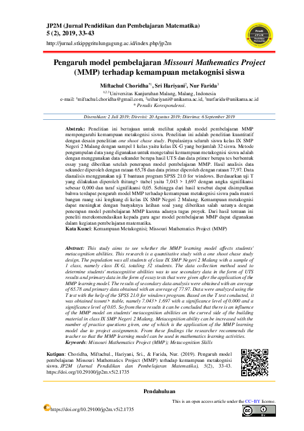 (PDF) Pengaruh model pembelajaran Missouri Mathematics Project (MMP) terhadap kemampuan ...