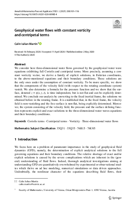 (PDF) Geophysical water flows with constant vorticity and centripetal terms