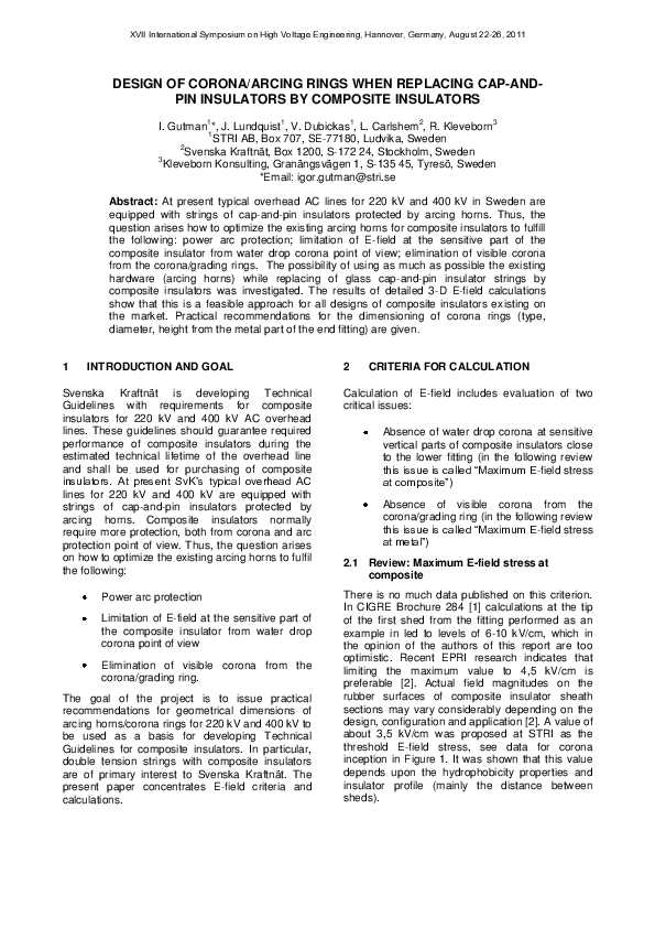 (PDF) Design of Corona/Arcing Rings When Replacing Cap-And- Pin ...
