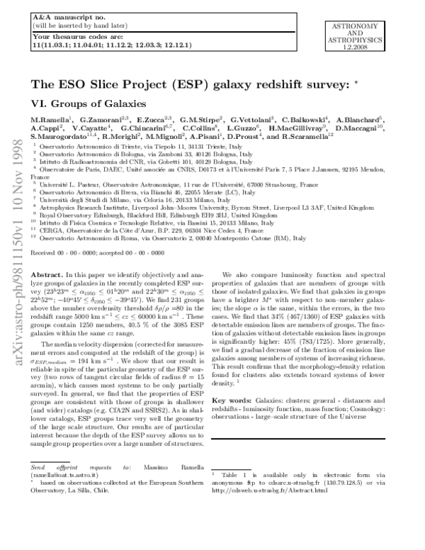 (PDF) The ESO Slice Project (ESP) galaxy redshift survey. VII. The ...