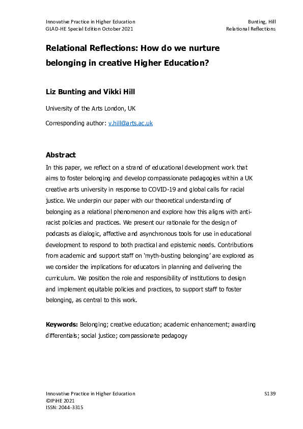 (PDF) Relational Reflections: How do we nurture belonging in creative ...