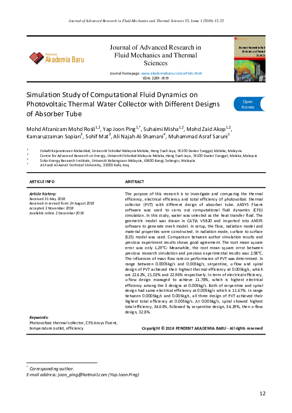 (PDF) Simulation study of computational fluid dynamics on photovoltaic thermal water collector ...